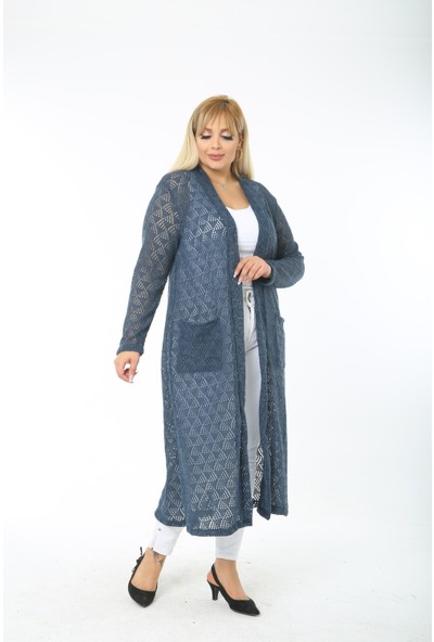 Kasheha Kadın Mavi Büyük Beden Ajurlu Uzun Triko Hırka - BUY6097003 Kasheha Kadın Mavi Büyük Beden Ajurlu Uzun Triko Hırka - BUY6097003