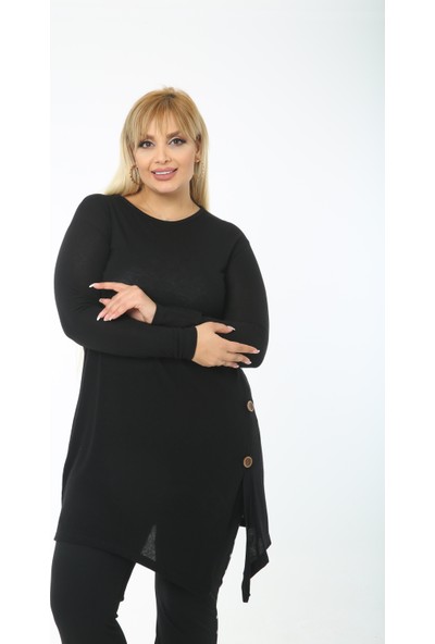 Kasheha Kadın Siyah Büyük Beden Kazayağı Desenli Asimetrik Düğme Detaylı Çilek Kumaş Tunik - BUY6097005