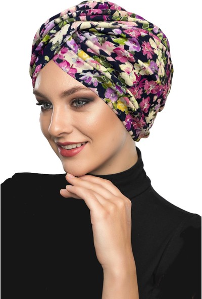 Fidan Bone Fidan Desenli Çapraz Penye Renkli Çiçek Motifli Hazır Türban Tesettür Havuz Bonesi