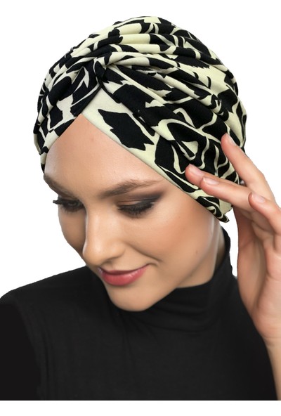 Fidan Bone Fidan Desenli Çapraz Penye Siyah Gül Motifli Hazır Türban Tesettür Havuz Bonesi