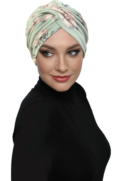 Fidan Bone Desenli Çapraz Penye Su Yeşili Gül Motifli Hazır Türban Tesettür Havuz Bonesi