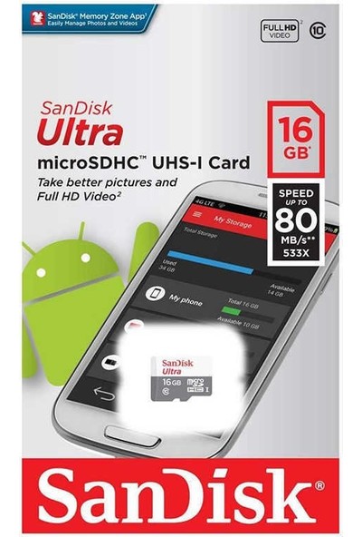 Sandisk Ultra 16 GB 80 Mb/s Micro Sd Hafıza Kartı Sandisk Ultra 16 GB 80 Mb/s Micro Sd Hafıza Kartı