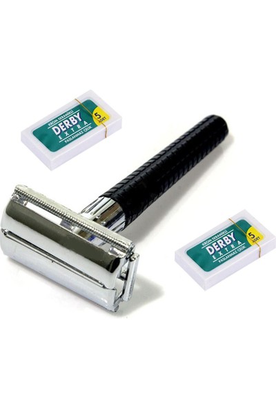 Orak Kromlu Paslanmaz Tıraş Makinesi + 10 Adet Derby Jilet (Uzun-Üstten Açılır)