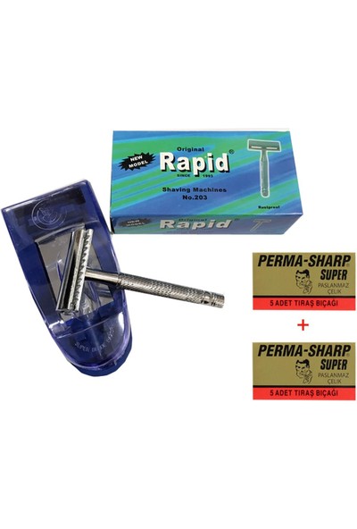 Rapid Kromlu Paslanmaz Tıraş Makinesi + 10 Adet Perma-Sharp Jilet Rapid Kromlu Paslanmaz Tıraş Makinesi + 10 Adet Perma-Sharp Jilet