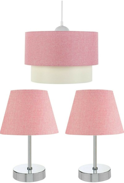 Evlight 3'lü Set Avize ve Komodin Üstü Krom Abajur / Pembe Evlight 3'lü Set Avize ve Komodin Üstü Krom Abajur / Pembe