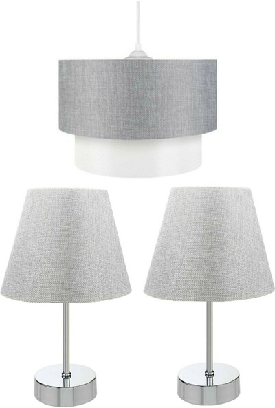 Evlight 3'lü Set Avize ve Komodin Üstü Metal Abajur Gri Evlight 3'lü Set Avize ve Komodin Üstü Metal Abajur Gri