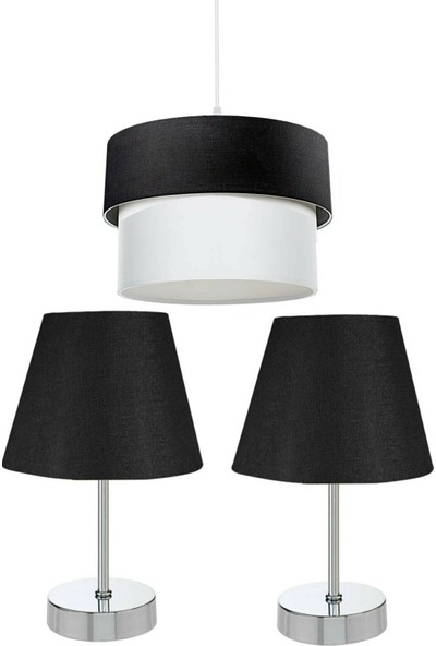 Evlight 3'lü Set Avize ve Komodin Üstü Krom Abajur / Siyah Evlight 3'lü Set Avize ve Komodin Üstü Krom Abajur / Siyah