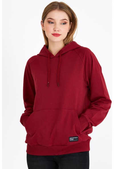 Metalic Kadın Bordo Kapüşonlu Basic Örme Sweatshirt
