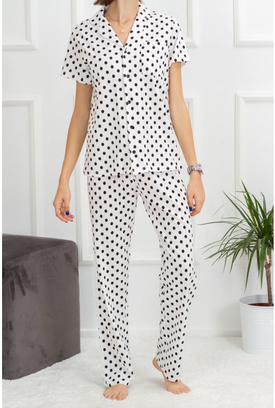 Yabgu Kadın Düğmeli Puantiyeli Pamuklu Pijama Takımı Beyaz