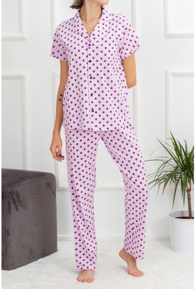 Yabgu Kadın Düğmeli Puantiyeli Pamuklu Pijama Takımı Eflatun