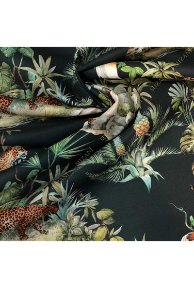Suzani Antrasit Zemin Leopar Desenli Dijital Baskılı Kumaş KMS-1284