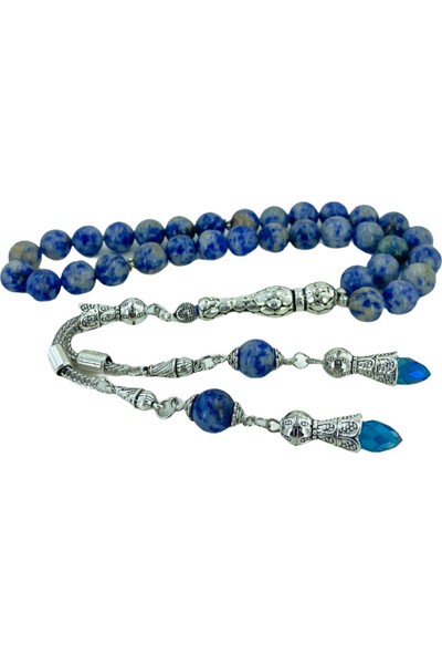 MaGümüş Doğal Sodalit Taşlı Saçaklı Metal Püskül Tesbih Tespih MaGümüş Doğal Sodalit Taşlı Saçaklı Metal Püskül Tesbih Tespih