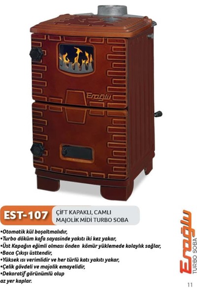 Eroğlu Est 107 Midi Turbo Soba Çift Kapak Şömine Mojolık