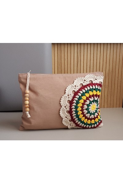 AYS Tasarım Kadın Portföy Motif Işlemeli El Çantası Bej-Krem Motif Desenli Renk Astarlı