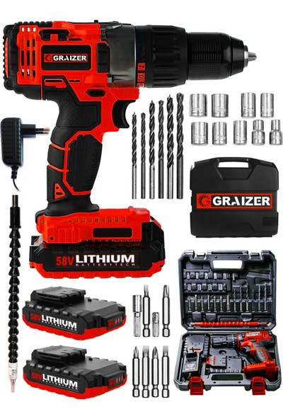 Graizer Alman 58 V 5 Ah Kraft Series Darbeli Metal Şanzuman Çift Akülü Vidalama Matkap + 27 Parça Setli Kırmızı Graizer Alman 58 V 5 Ah Kraft Series Darbeli Metal Şanzuman Çift Akülü Vidalama Matkap + 27 Parça Setli Kırmızı