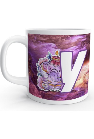 Rock'n Fox Y Harfi Otantik Fil Renkli Desenli Harfli Kupa Bardak