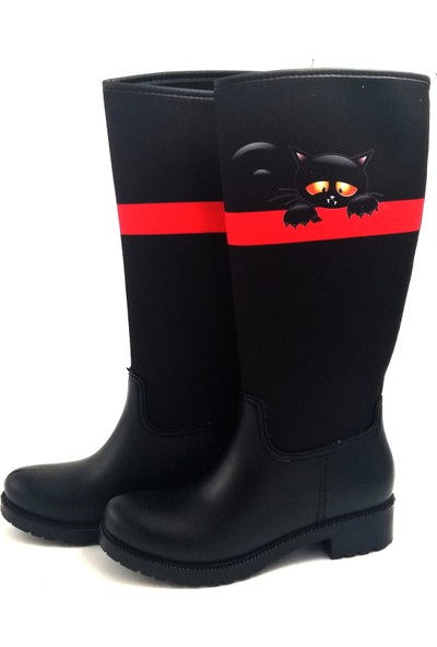 Dna Kadın Yağmur Çizmesi Siyah Kırmızı Kedi Desenli Dna Kadın Yağmur Çizmesi Siyah Kırmızı Kedi Desenli