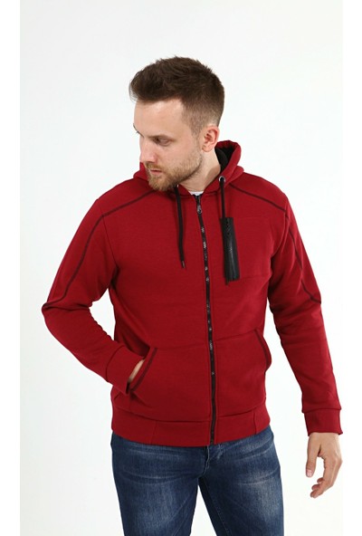 Wixeli Erkek Kapüşonlu Fermuarlı Cepli Bordo Hırka