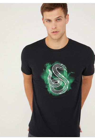 Mavi Harry Potter Baskılı Siyah Tişört