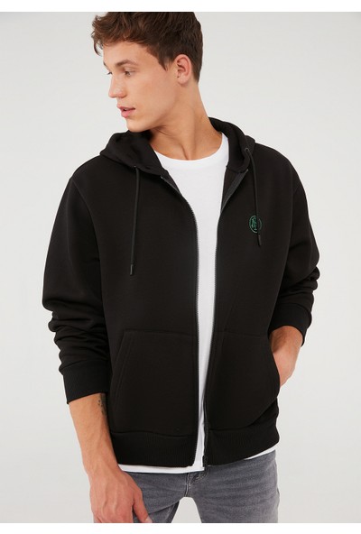 Mavi Fermuarlı Siyah Sweatshirt