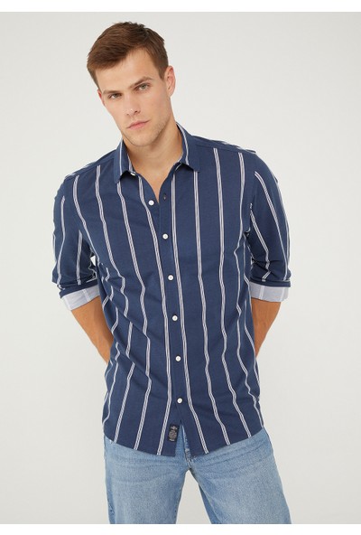 Mavi Erkek Çizgili Lacivert Gömlek 0210111-80108