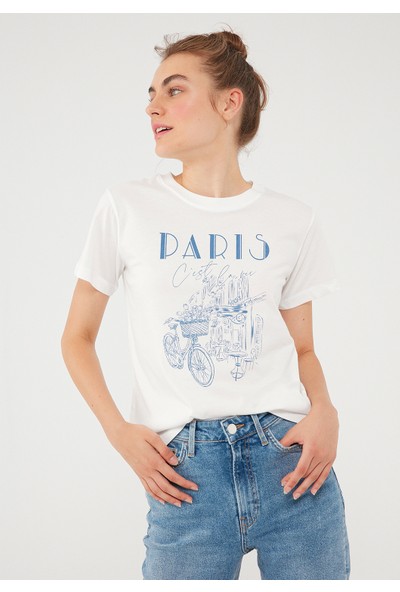 Mavi Paris Baskılı Beyaz Tişört