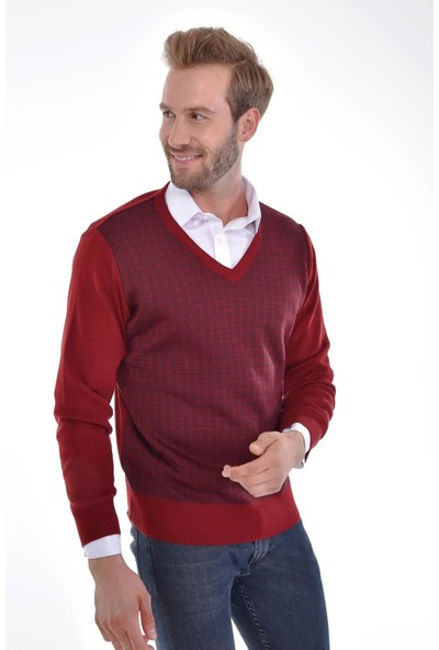 Çizgi Triko Erkek V Yaka Triko Kazak Desenli Kol ve Bel Lastikli Dokuma Çelik Örgü