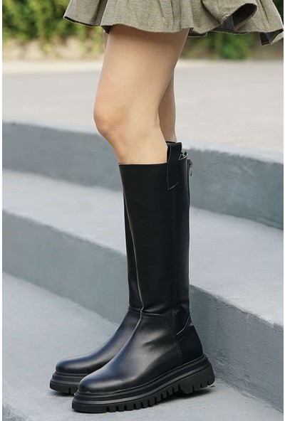 Mio Gusto Siyah Deri Kürk Astarlı Fermuarlı Kadın Çizme
