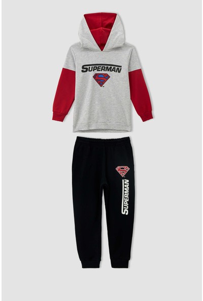 DeFacto Erkek Çocuk Süperman Lisanslı Kapüşonlu Uzun Kollu İçi Yumuşak Tüylü 2'li Takım W3572A621AU