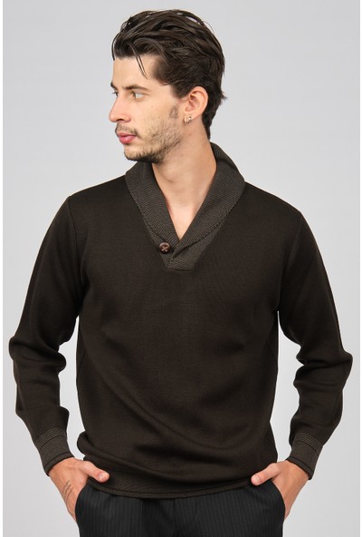 Desen Triko Erkek Düğme Detaylı Şal Yaka Yün Kazak 0245581 Kahverengi