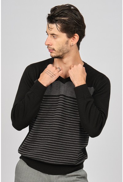 Desen Triko Erkek Desenli V Yaka Yün Kazak 0249640 Siyah