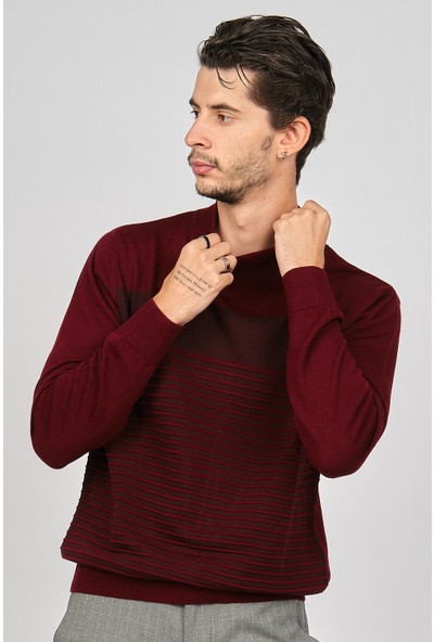 Desen Triko Erkek Desenli Yarım Balıkçı Yün Kazak 0249641 Bordo