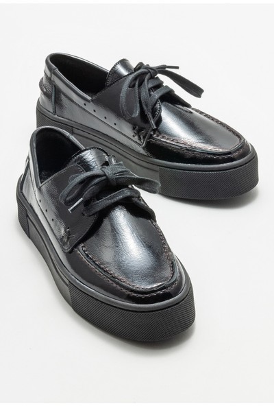 Elle Siyah Deri Kadın Günlük Düz Ayakkabı