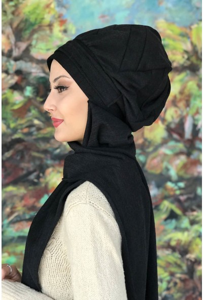 Butik Ambar Siyah Tokalı Atkılı Siyah Şeritli Bere Şal Butik Ambar Siyah Tokalı Atkılı Siyah Şeritli Bere Şal