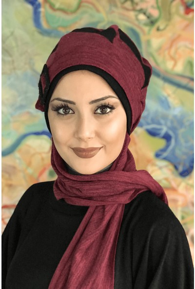 Butik Ambar Vişne Çarkıfelek Model Siyah Şeritli Tokalı Bere Şal Butik Ambar Vişne Çarkıfelek Model Siyah Şeritli Tokalı Bere Şal