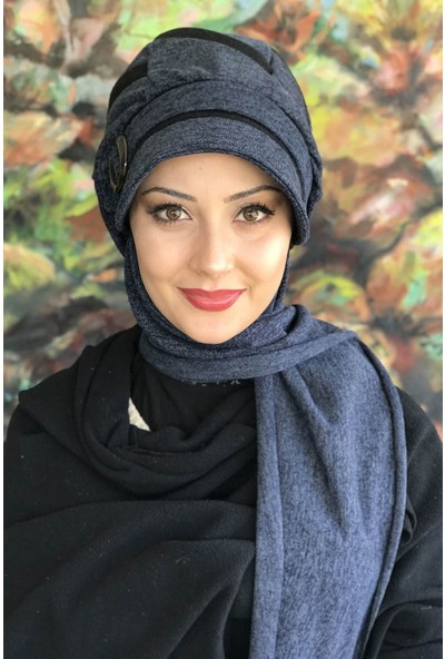 Butik Ambar Prusya Mavisi Rengi Tokalı Atkılı Siyah Şeritli Şapka