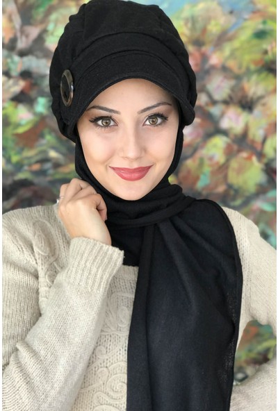 Butik Ambar Siyah Tokalı Atkılı Siyah Şeritli Şapka Şal