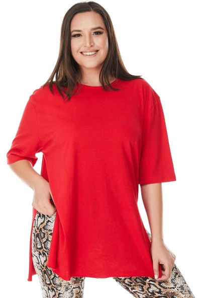 Siyezen Büyük Beden Kırmızı Yırtmaçlı Basic T-Shirt