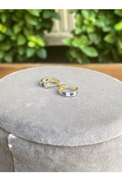 BayarGold 14 Ayar Altın Beyaz Mavi Taşlı Çocuk Küpe