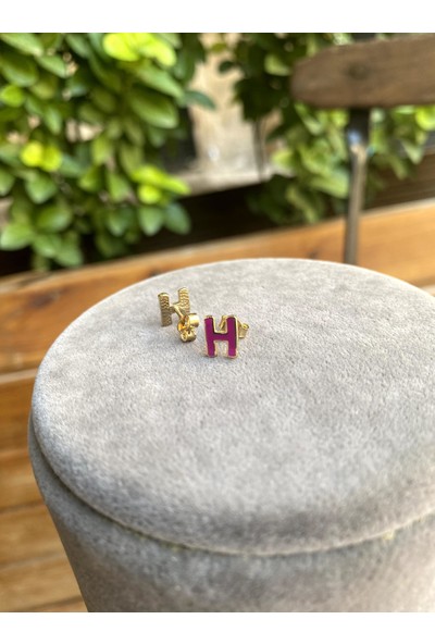 BayarGold 14 Ayar Altın H Harfli Fuşya Mineli Çocuk Küpesi