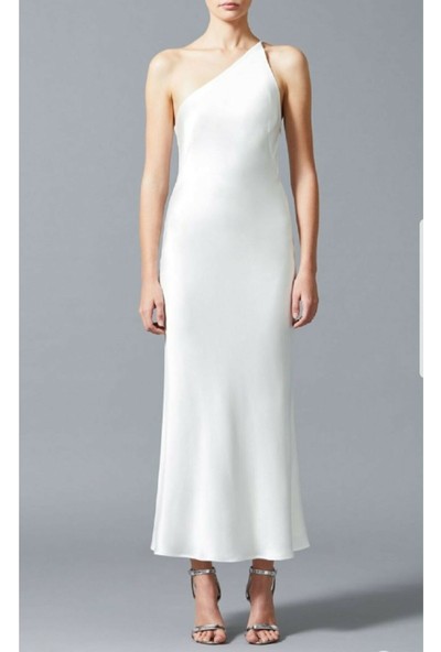 Laferline Saten Elbise Astarlı Asimetrik Yaka