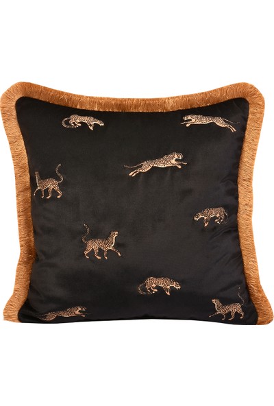 Ge Living Leopar Işlemeli Siyah Kadife Yastık Kılıfı 45 X 45