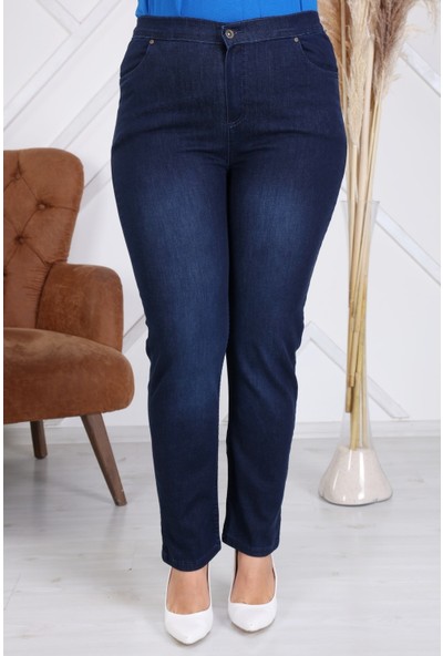Rmg Beli Lastikli Büyük Beden Lacivert Kot Pantolon