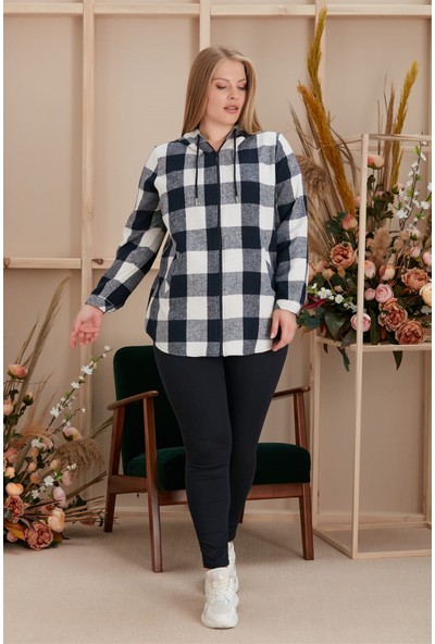 Rmg Kapşonlu Büyük Beden Ekose Lacivert Ceket