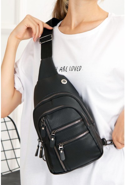 Av A Dos Unisex Siyah Su Geçirmez Vegan Deri Kulaklık Çıkışlı Çapraz Askılı Bel Omuz Göğüs Çanta