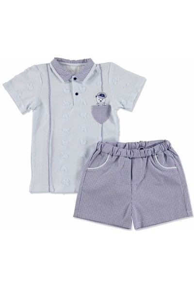 Mymio Yaz Erkek Bebek Denizci Ayıcık Poplin Kısa Kol Bebe Yaka 2li Tshirt-Şort