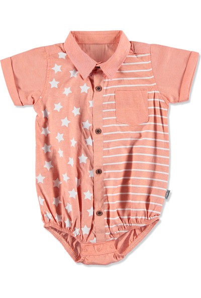 Bebemania Yaz Erkek Bebek Çizgili Şambre Kısa Kol Lastikli Polo Yaka Tek Gömlek Body