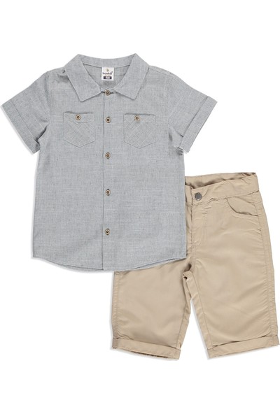 Bombili Yaz Erkek Bebek Poplin Kısa Kol Polo Yaka Gömlek-Şort
