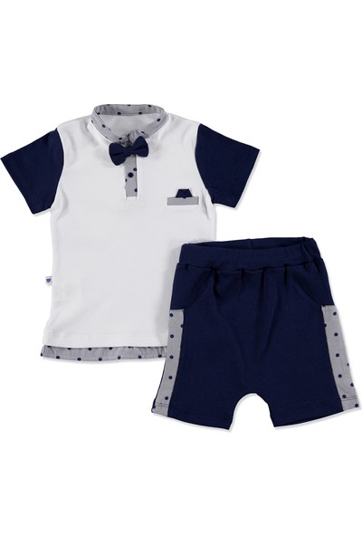 Mymio Yaz Erkek Bebek Sevimli Ayıcık Poplin Kısa Kol Çıtçıtlı Yaka 2li Tshirt-Şort