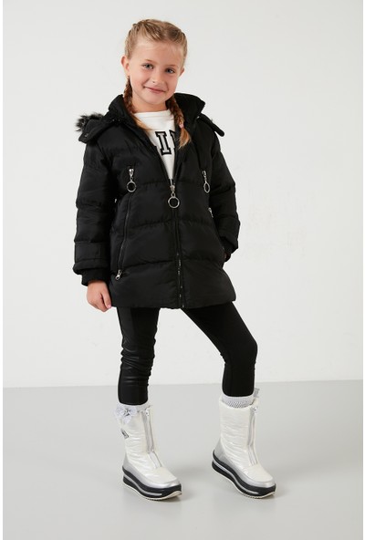 Lela Tüylü Kapüşonlu Cepli Şişme Mont Kız Çocuk Mont 5766038